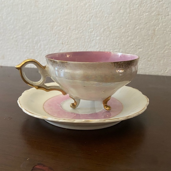 Dining | White Pink And Gold Antique Teacup With Matching Plate | Poshmark